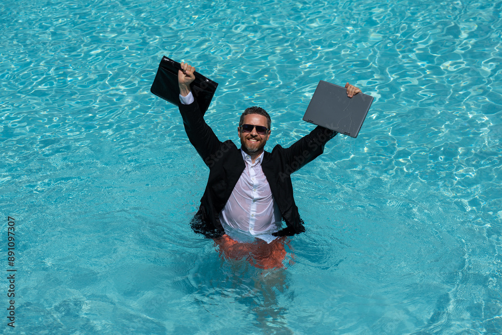 Summer business. Freelancer in summer swimming pool. Business man in ...