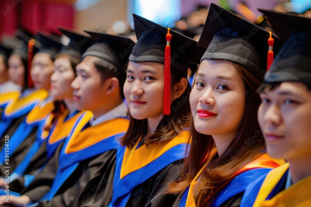 Joyful graduates in caps and gowns celebrate their academic achievement ...