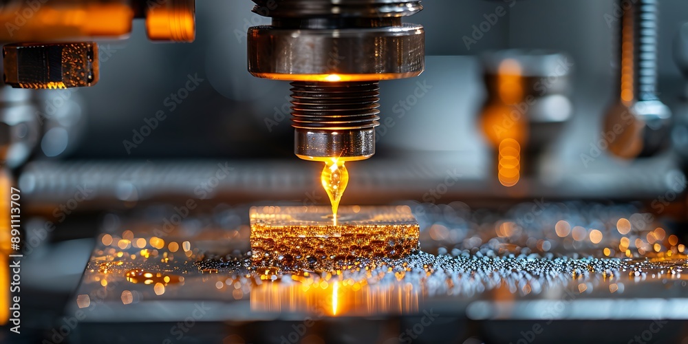 The CNC milling machine cutting the metal part with the sparking light ...