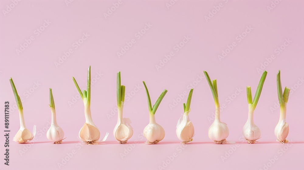 Close-up of garlic bulbs sprouting green shoots, showcasing the stages ...