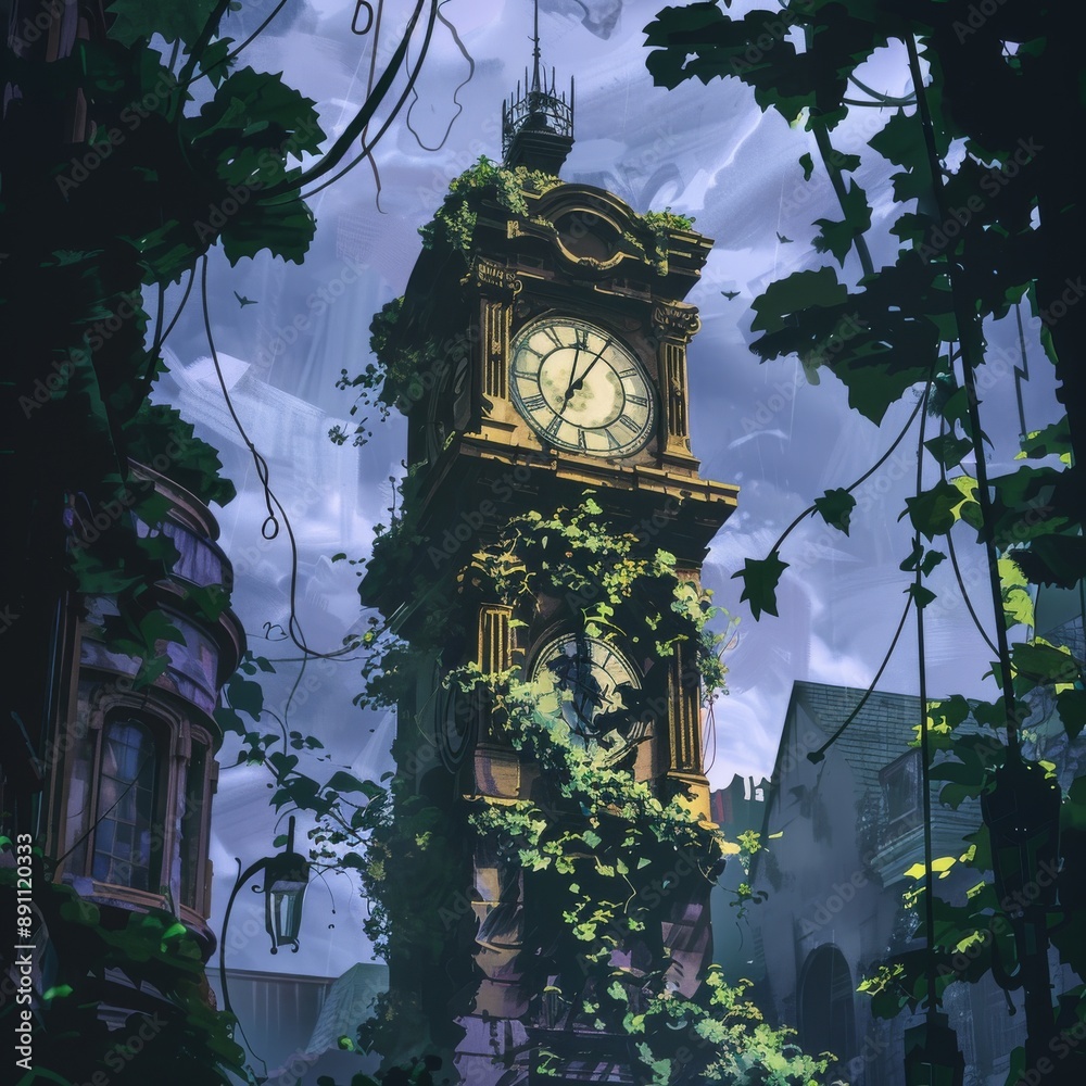 A towering clock in the center of a forgotten city, its hands stuck at ...