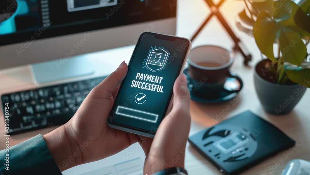 Close up of hands holding a mobile phone with a successful online ...