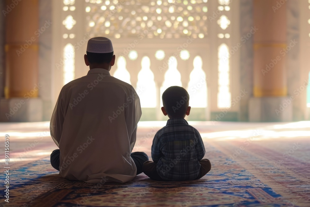 Muslim boy sitting and praying in Mosque with his dad adult ...
