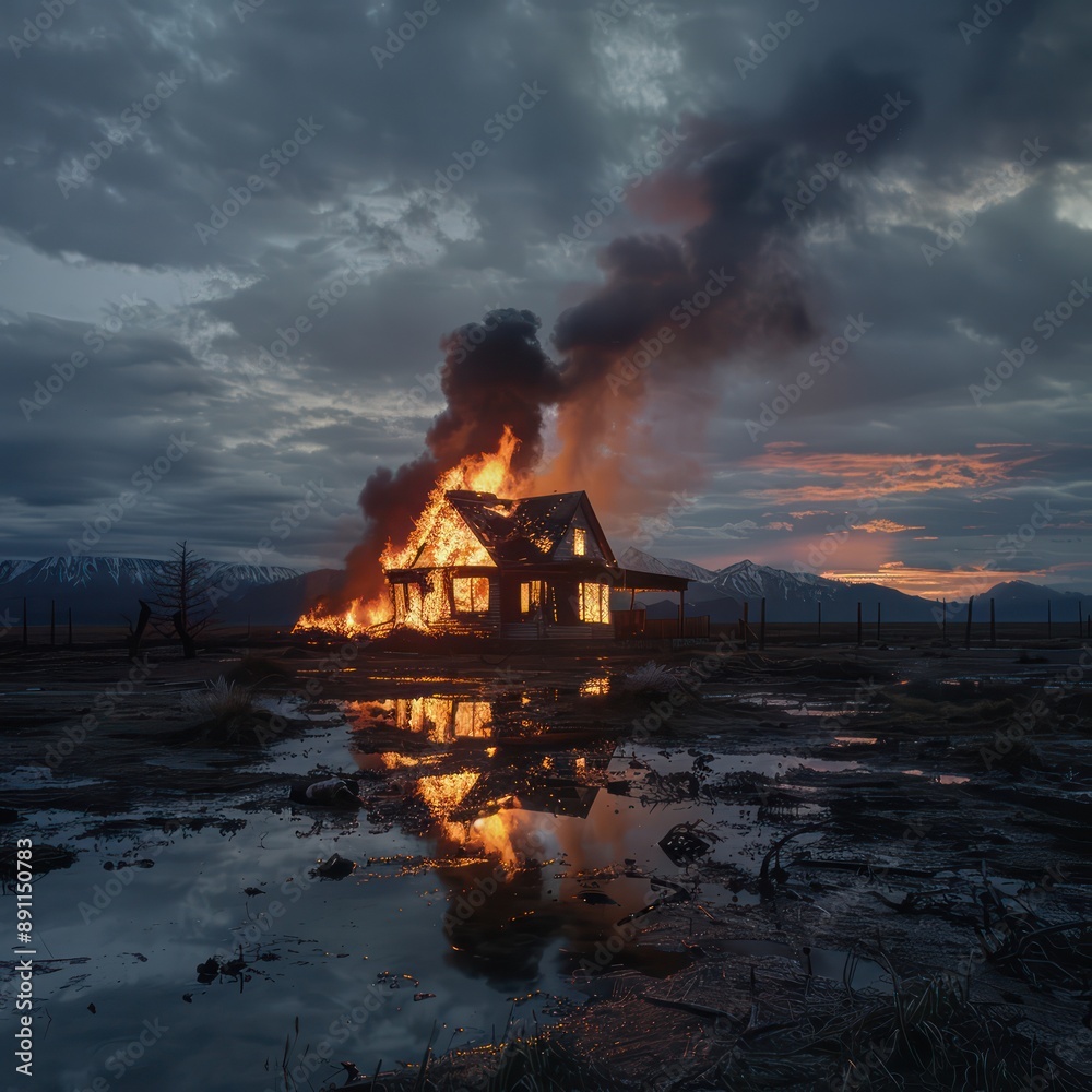 Burning house surrounded by tall grass and wildflowers in a desolate ...
