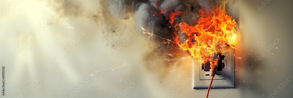 Electrical fire hazard scenario depicts a wall outlet with burning ...