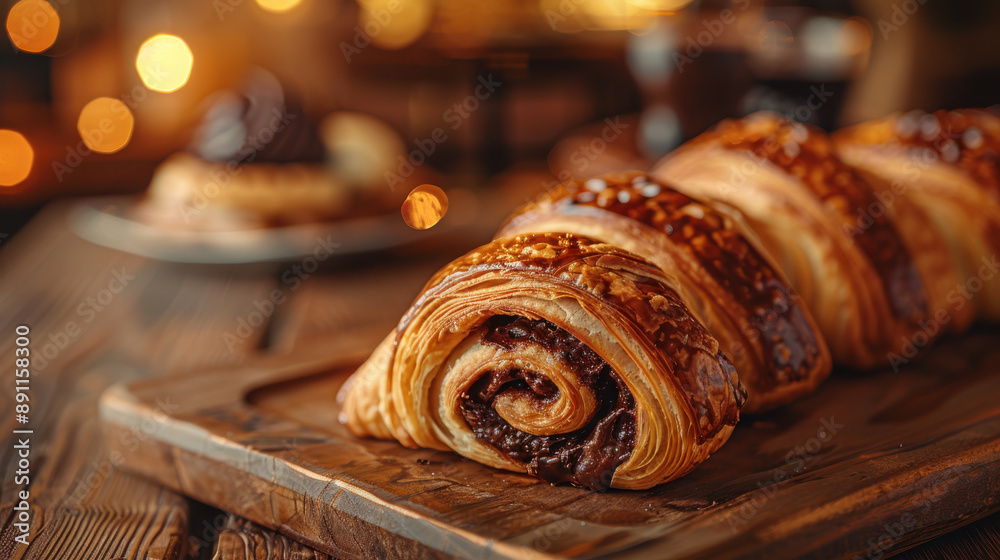 A high-resolution photograph of a sliced croissant with chocolate ...