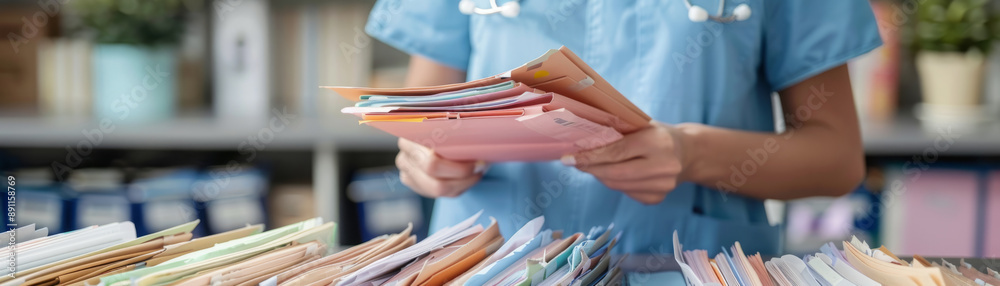 Nurse organizing patient files in nursing station with healthcare ...