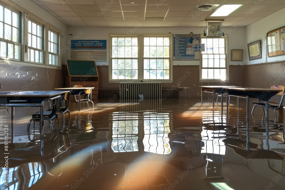 Waterlogged school classroom scene gray floor, white walls. Two windows ...