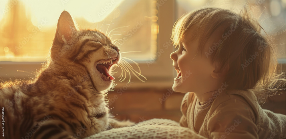A cute little cat is laughing with its mouth open, and the child next ...