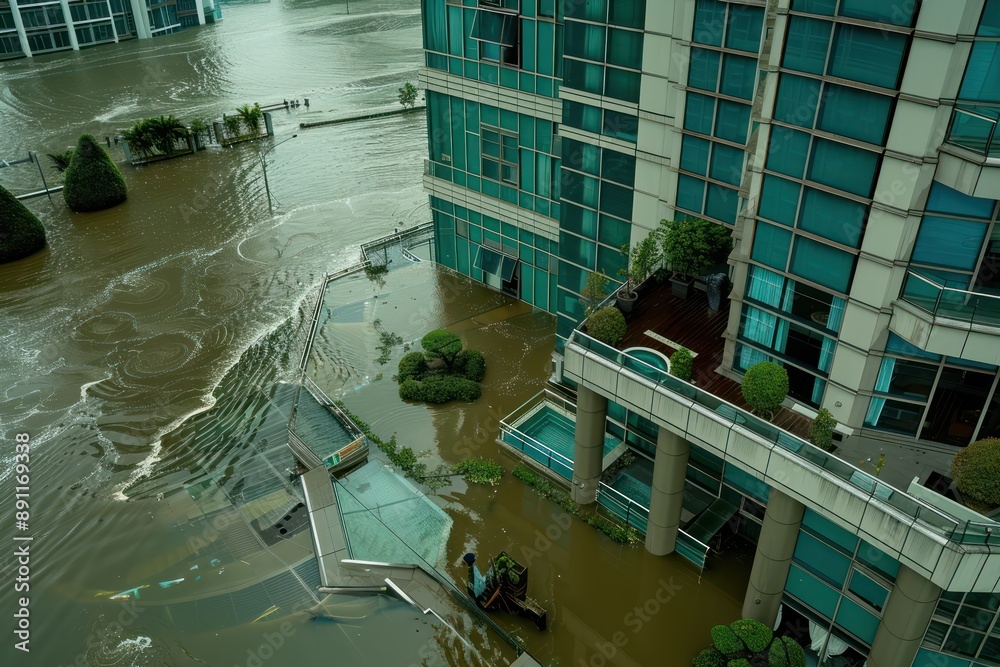 Flooded penthouse view of skyscraper under construction. Crane on roof ...