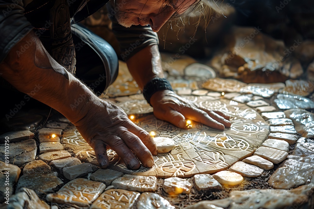 Lone figure casting runes stones with symbols onto a cloth inscribed ...