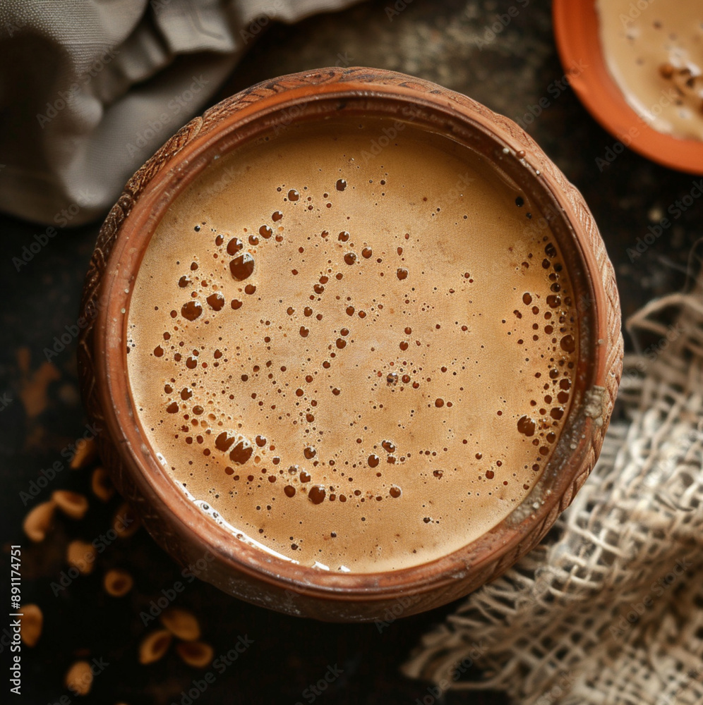 mishti doi brown in color in a clay pot that is wide like a cake, top ...