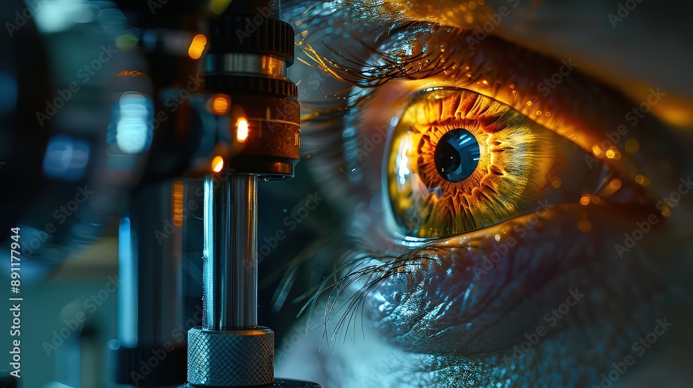 A patient undergoing a retinal examination with a slit lamp ...