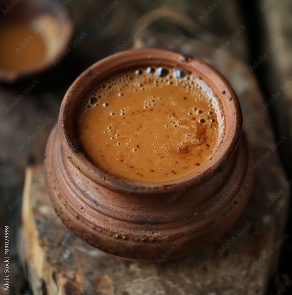 mishti doi brown in color in a clay pot that is wide like a cake Stock ...