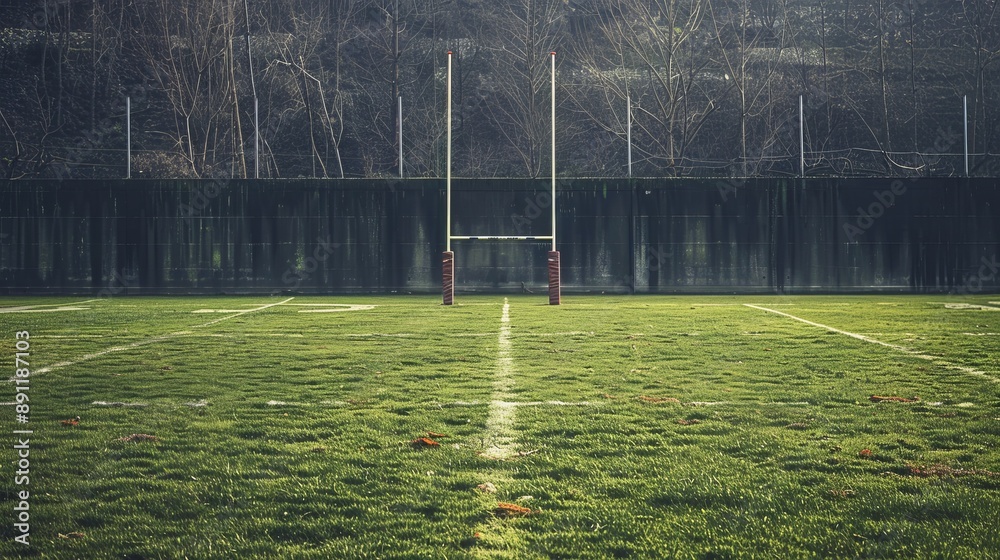 Rugby field with goalposts and markings: A detailed image of an empty ...