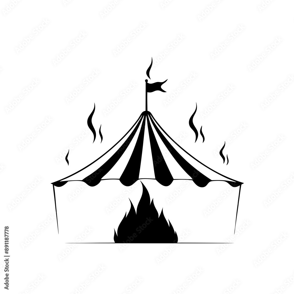 line drawing illustration of fiery circus tent engulfed in flames Stock ...