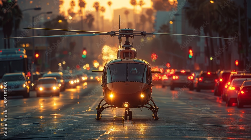 Arriving on a busy city highway, a rescue helicopter conducts a landing ...