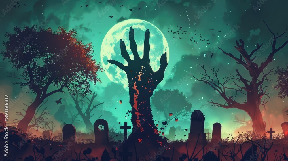 Terrifying zombie hand breaking through the earth in a graveyard at ...
