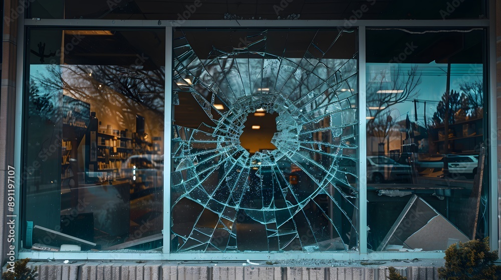 Broken Storefront Window: A storefront window with a large, jagged hole ...