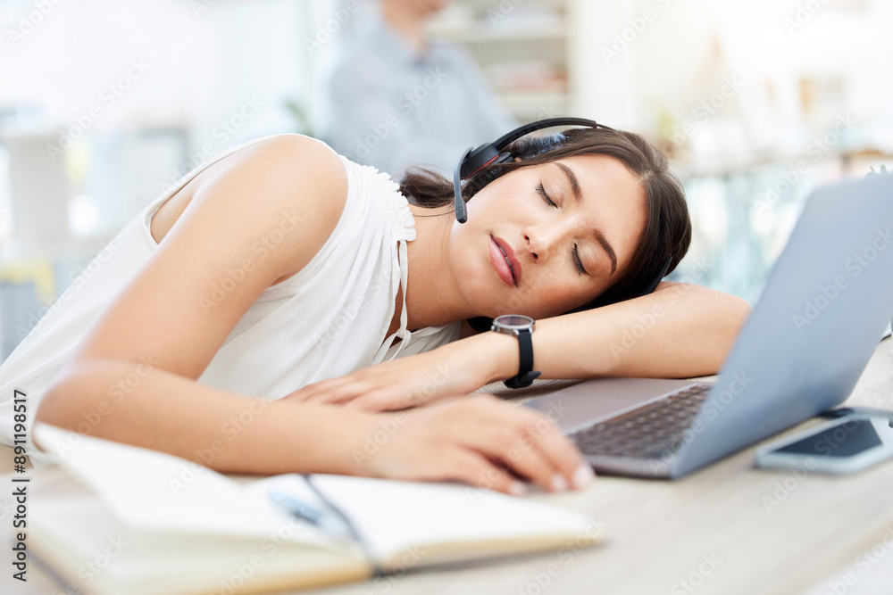 Call centre, woman and sleep at desk from fatigue, laptop and contact ...