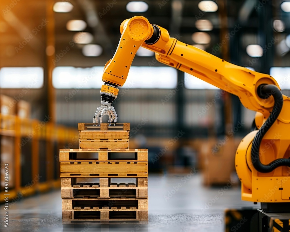 A robotic arm in a warehouse, lifting a box. The arm is yellow and is ...