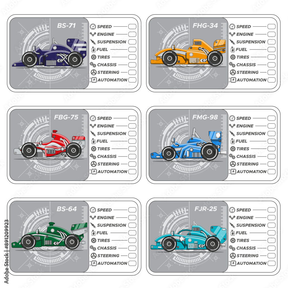 Set of horizontal game cards with different racing cars. Side view ...
