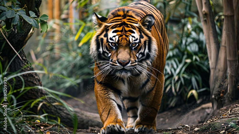 Close up shot of a rare animal, such as a tiger, in a fragile habitat ...