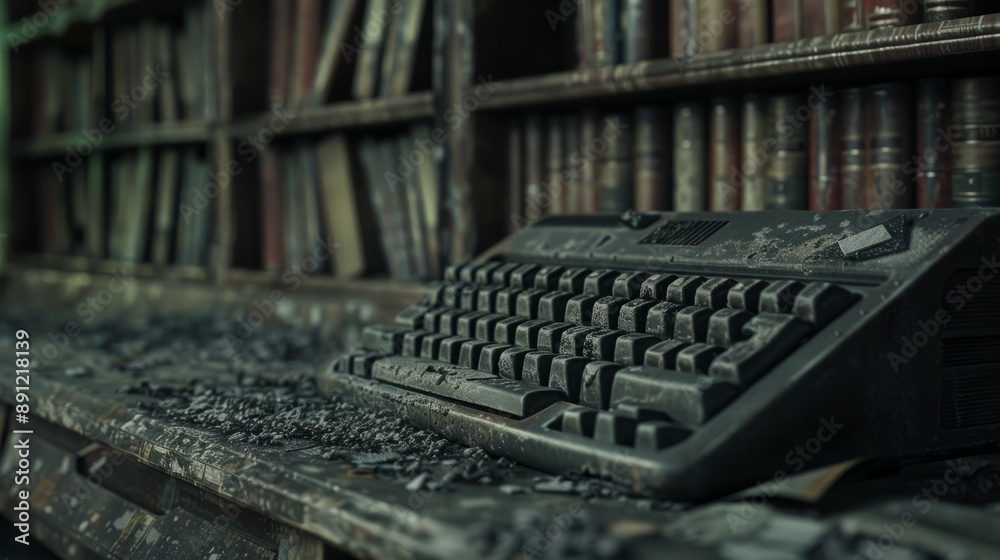 Dusty keyboard on old desk with bookshelf. Vintage keyboard on an old ...