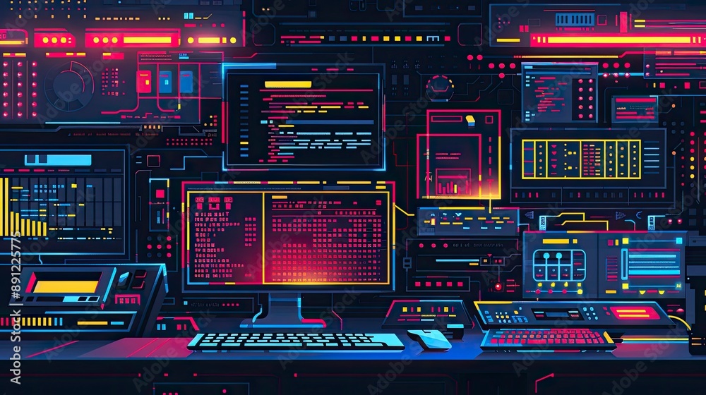 An animated graphic showing the process of coding from writing code to debugging and deploying ...