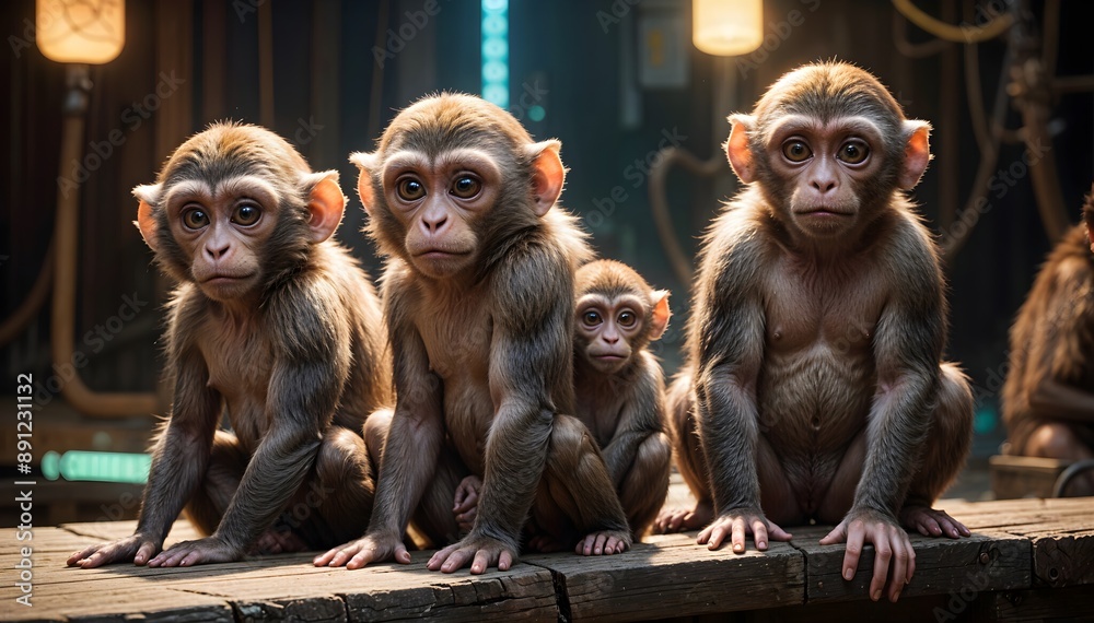 Four young monkeys sitting in a row, with the first three being similar ...