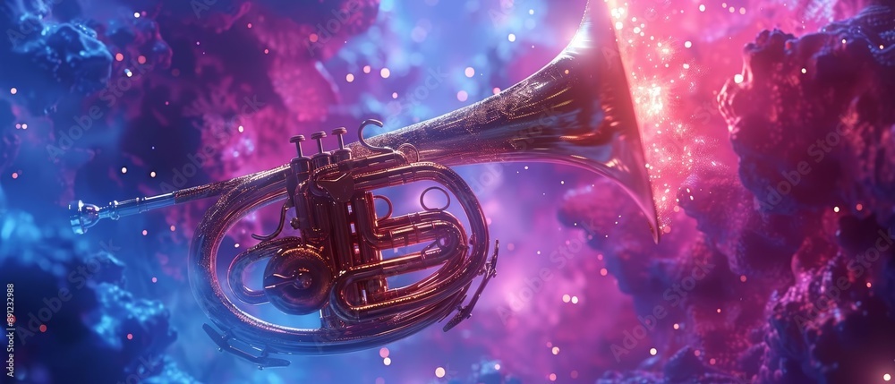 French Horn Floating in a Cosmos of Pink and Blue Nebulae Stock ...