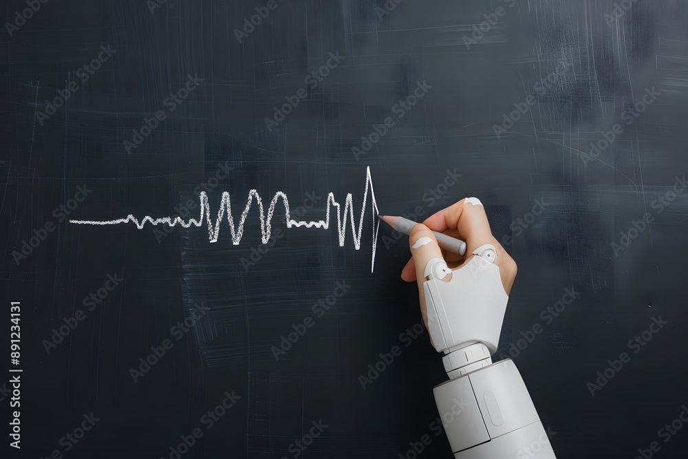 Robotic hand draws heart rhythm on chalkboard, representing artificial ...