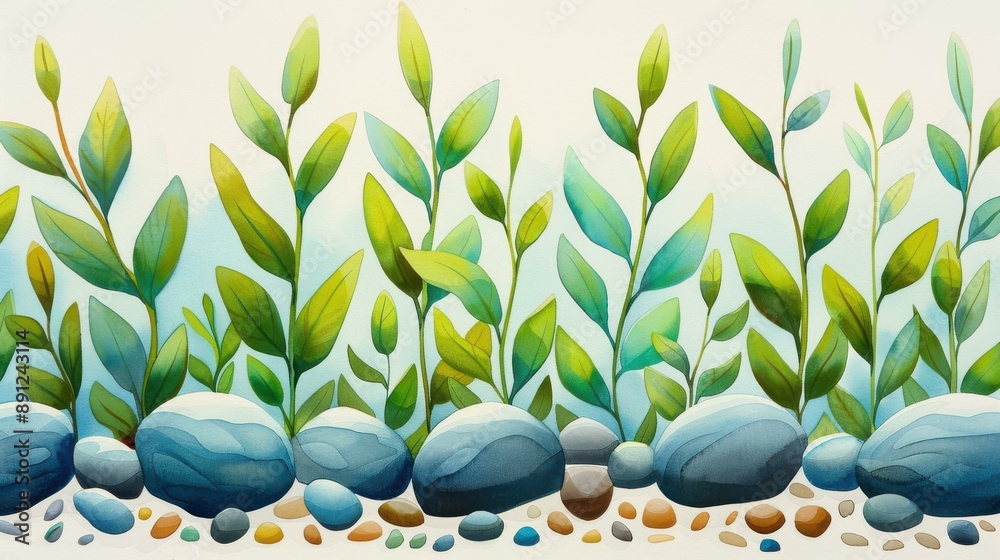 Beautiful watercolor illustration of aquatic green weeds and rocks ...