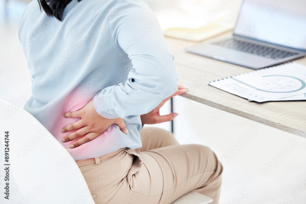 Office, business woman and back pain with discomfort, inflammation and ...