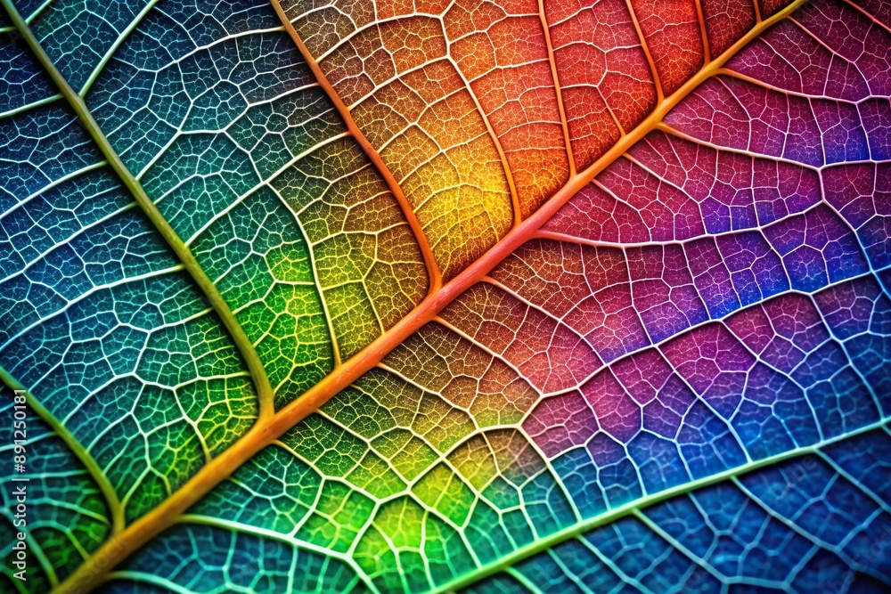 Colorful leaf under microscope with intricate details in rainbow colors ...