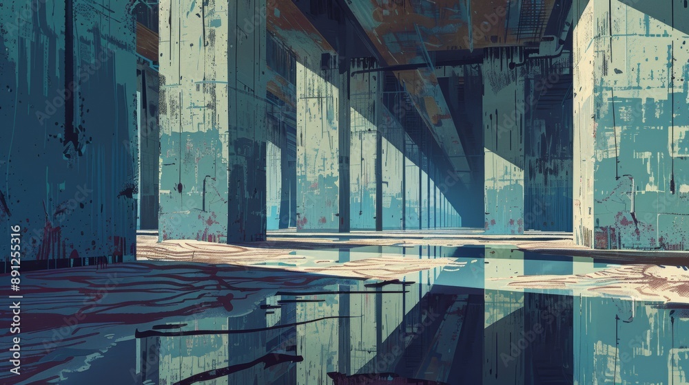 Echoes of Industry: Abandoned factory floor, reflection in puddles on ...