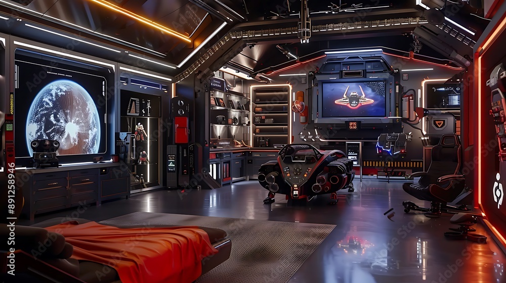 Sci-fi enthusiast's garage with a spaceship cockpit simulator and ...