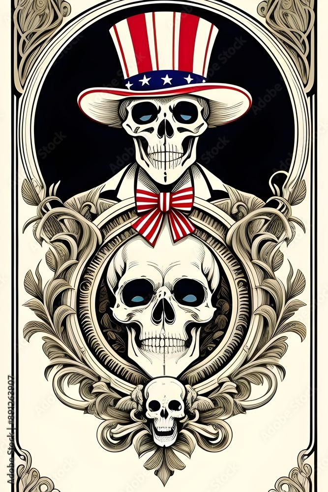 hand drawn illustration of a human skeleton dressed as uncle sam, skull, tattoo art, usa, united ...