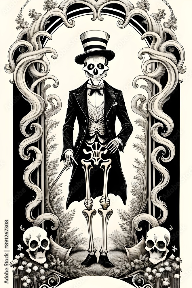 hand drawn illustration of a human skeleton dressed as uncle sam, skull ...