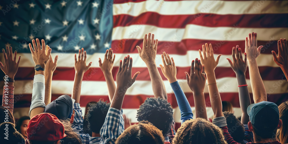 One Nation, Indivisible: A diverse group of people raising their hands ...
