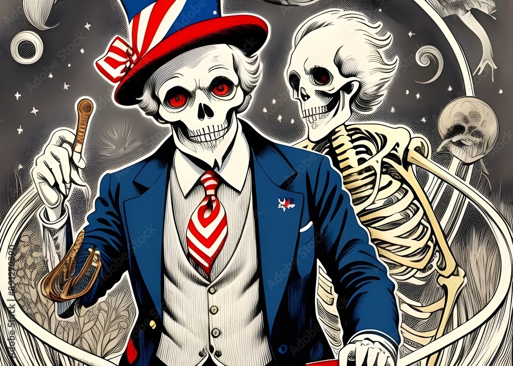 hand drawn illustration of a human skeleton dressed as uncle sam, skull ...