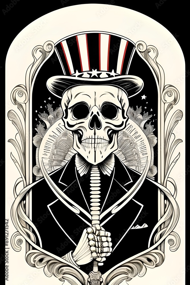 hand drawn illustration of a human skeleton dressed as uncle sam, skull ...