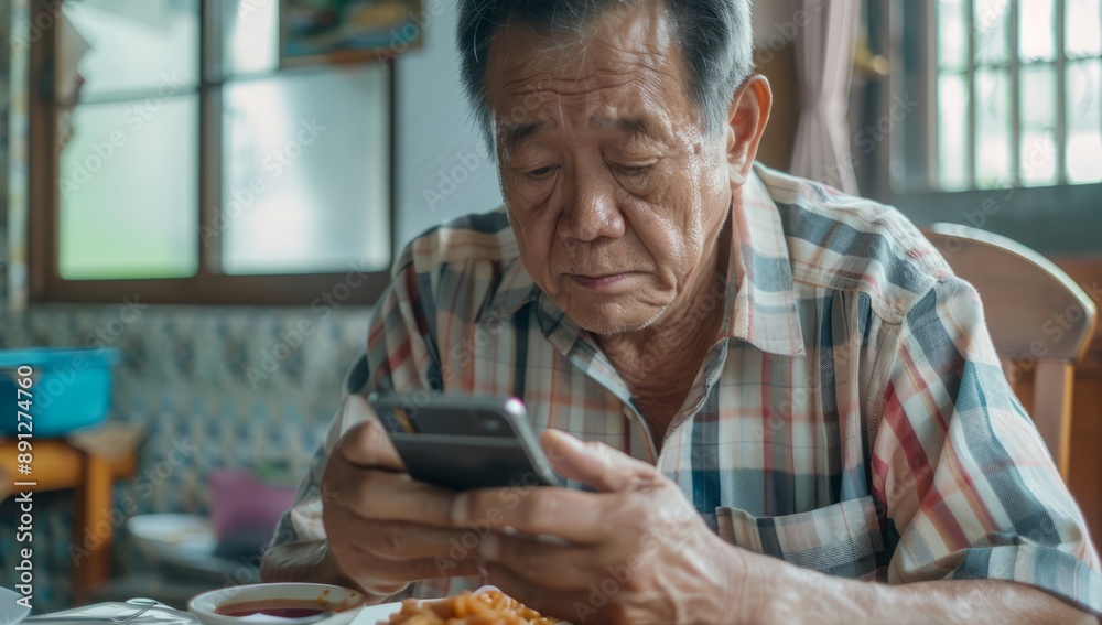 Older Asian men have vision problems and stare at their smartphones ...
