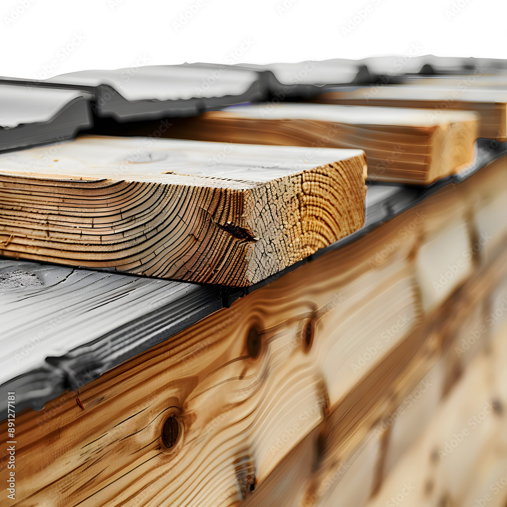 placing vinyl soffit plastic boards on roof rafters in new building isolated on white background ...