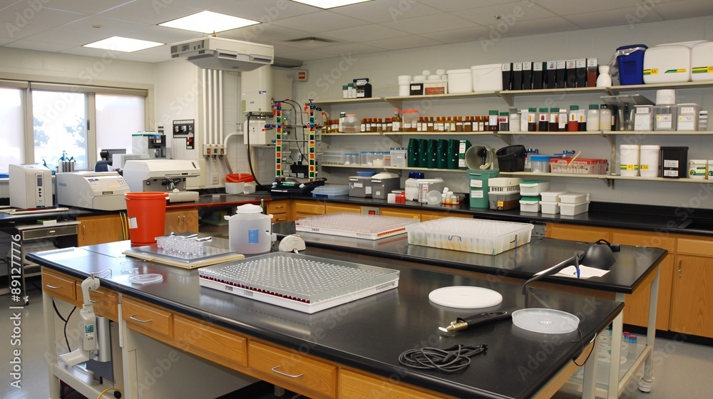 High school lab room with a section dedicated to microbiology ...