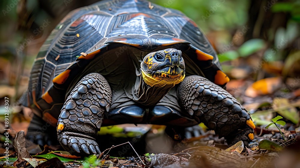 Redfooted Tortoise moving slowly through the underbrush of the Amazon ...