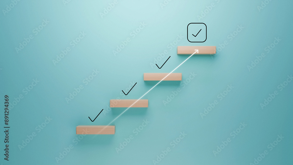 Wooden steps with check marks leading to a large check mark icon on a ...