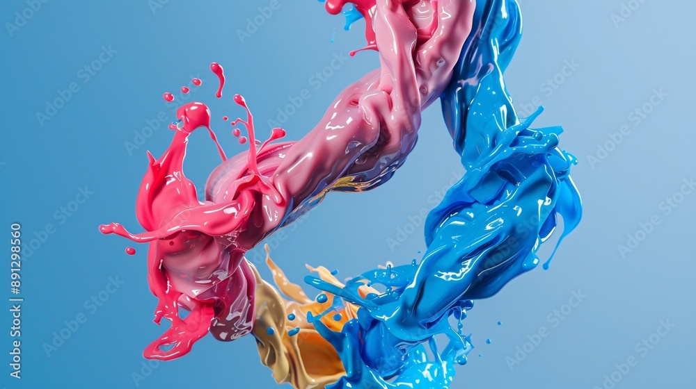 3D render of colorful paint being poured over each other, forming two ...