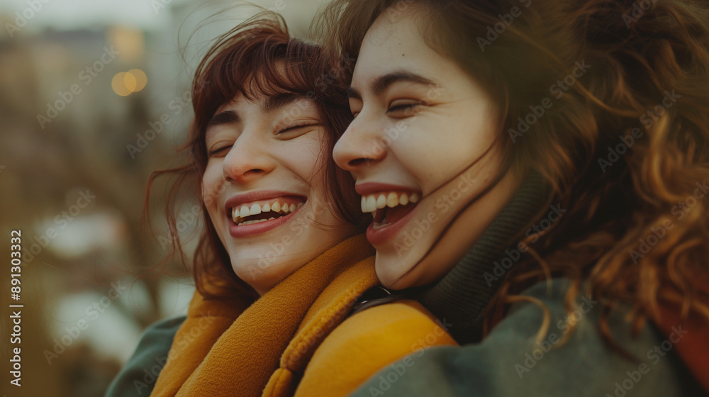 Two young friends share a candid moment filled with laughter and joy as ...