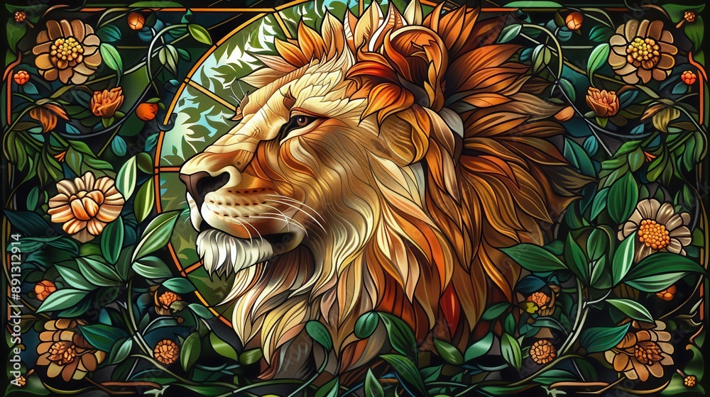 Vibrant Stained Glass Lion with Floral Background - Majestic Wildlife ...